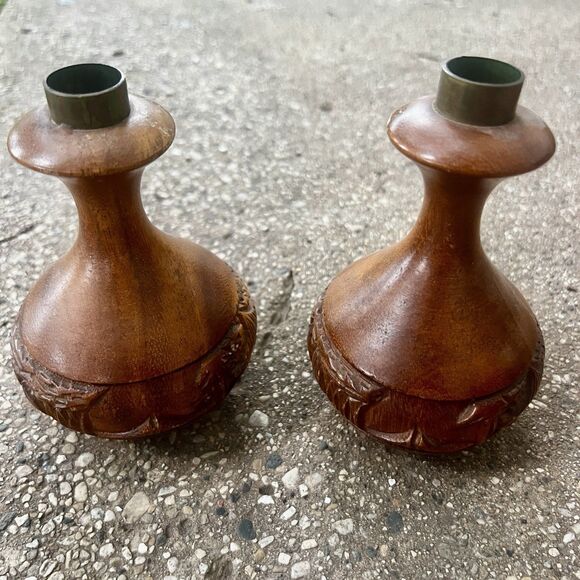 Unbranded | Accents | Vintage Hand Carved Wood Candle Holders Set Of 2 ...